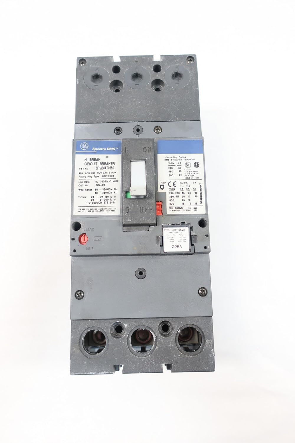 GE SFHA36AT0250 SPECTRA RMS CIRCUIT BREAKER 250A 3P 600V-AC W/ 225A ...