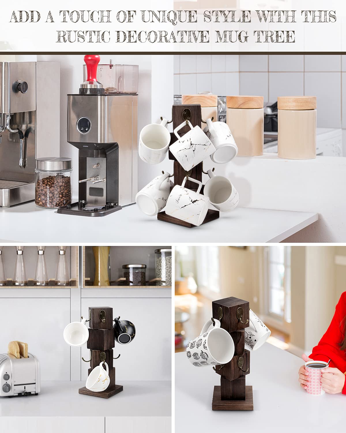 PUERSI Coffee Mug Holder for Counter, Rustic Solid Wood Mug Tree ...