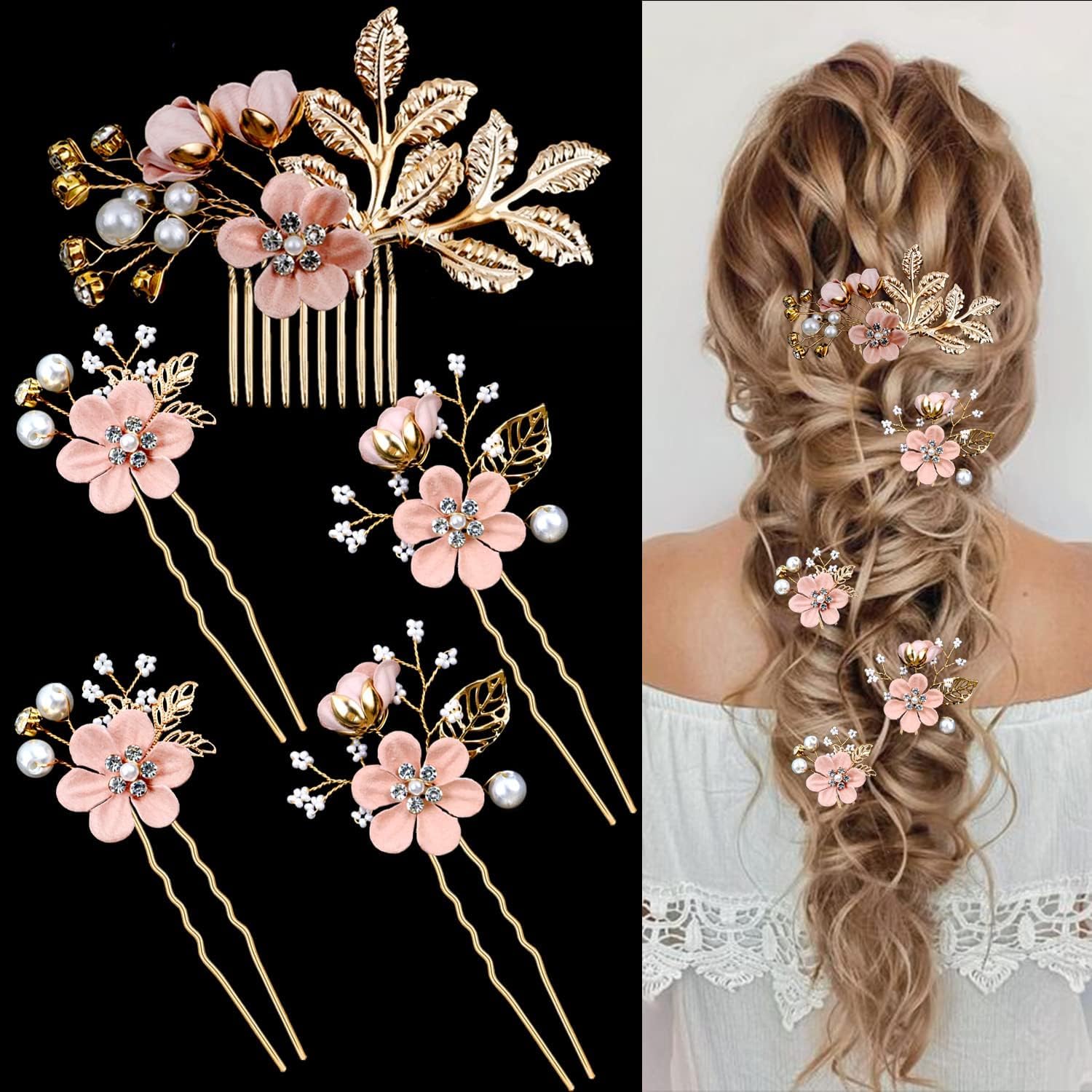 Amazon.com : Crystal Rhinestones Flowers UShaped Hairpins for Brides ...