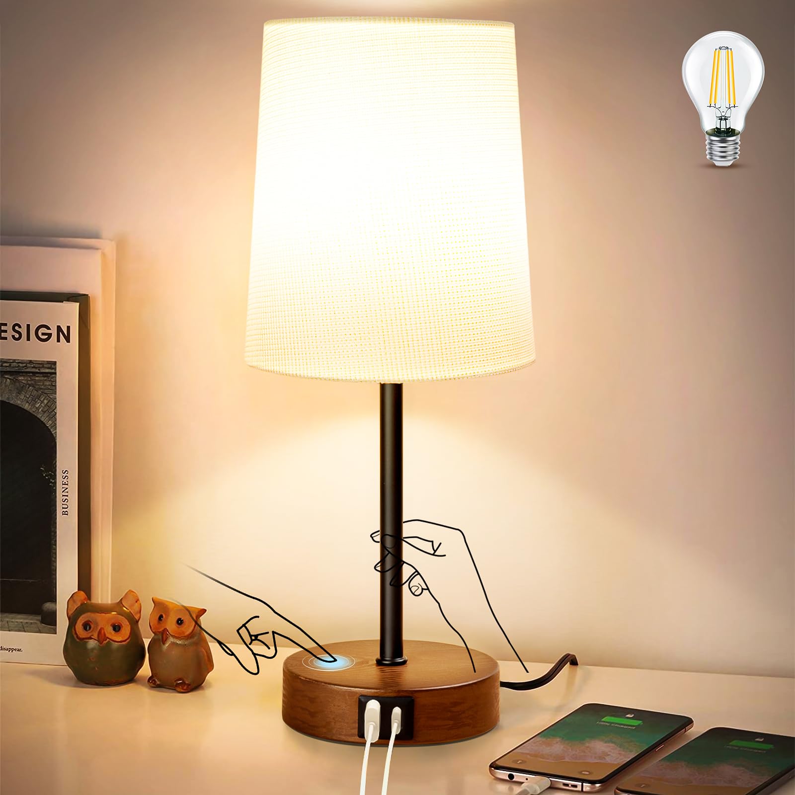 LuxeBeam Modern USB & Type-C Bedside Lamp with Touch Control, Dimmable ...