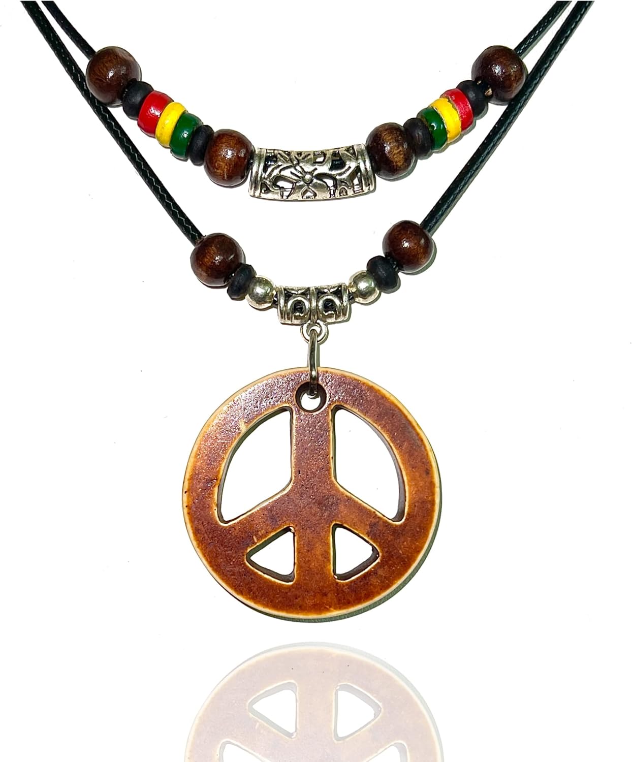 LAVIP Leather Peace Sign Pendant Double Layers Peace Symbol Brown ...