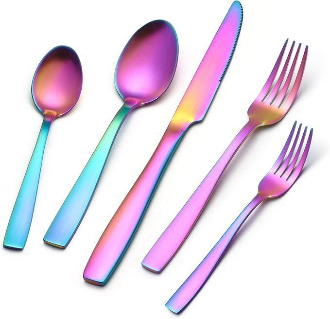 Amazon.com | E-far 40-Piece Matte Rainbow Silverware Set, Stainless ...