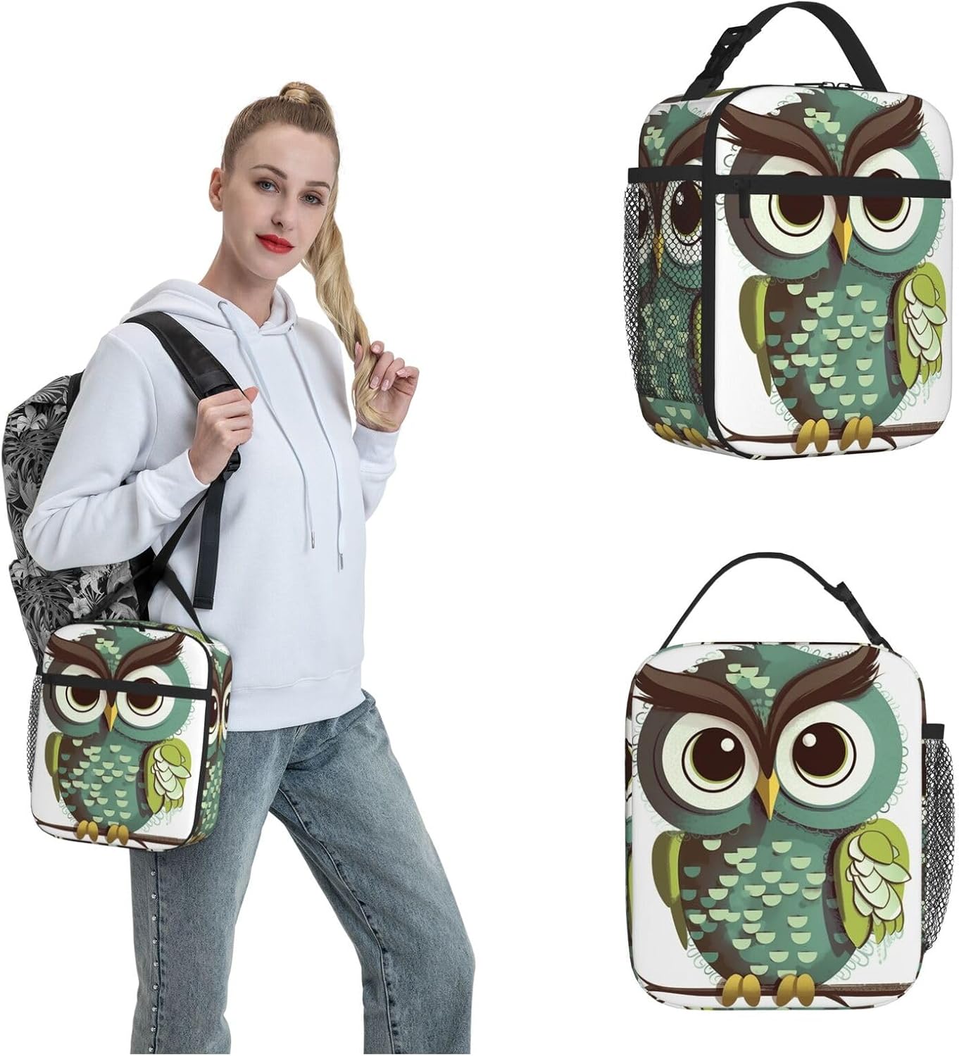 Amazon.com: Cartoon Green Cute Owl Lunch Bag for Women Men Reusable ...