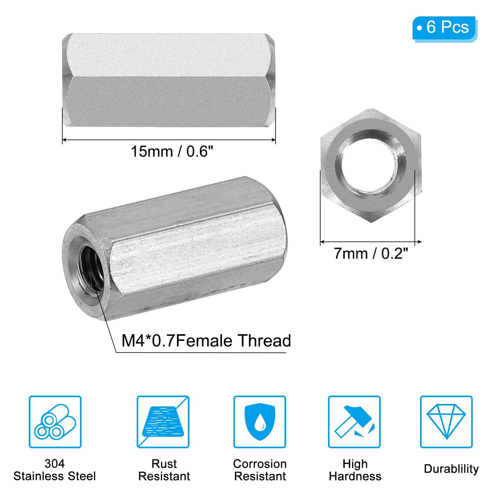 Snapklik.com : PATIKIL M4 X 0.7-Pitch 304 Stainless Steel Hex Coupling Nuts