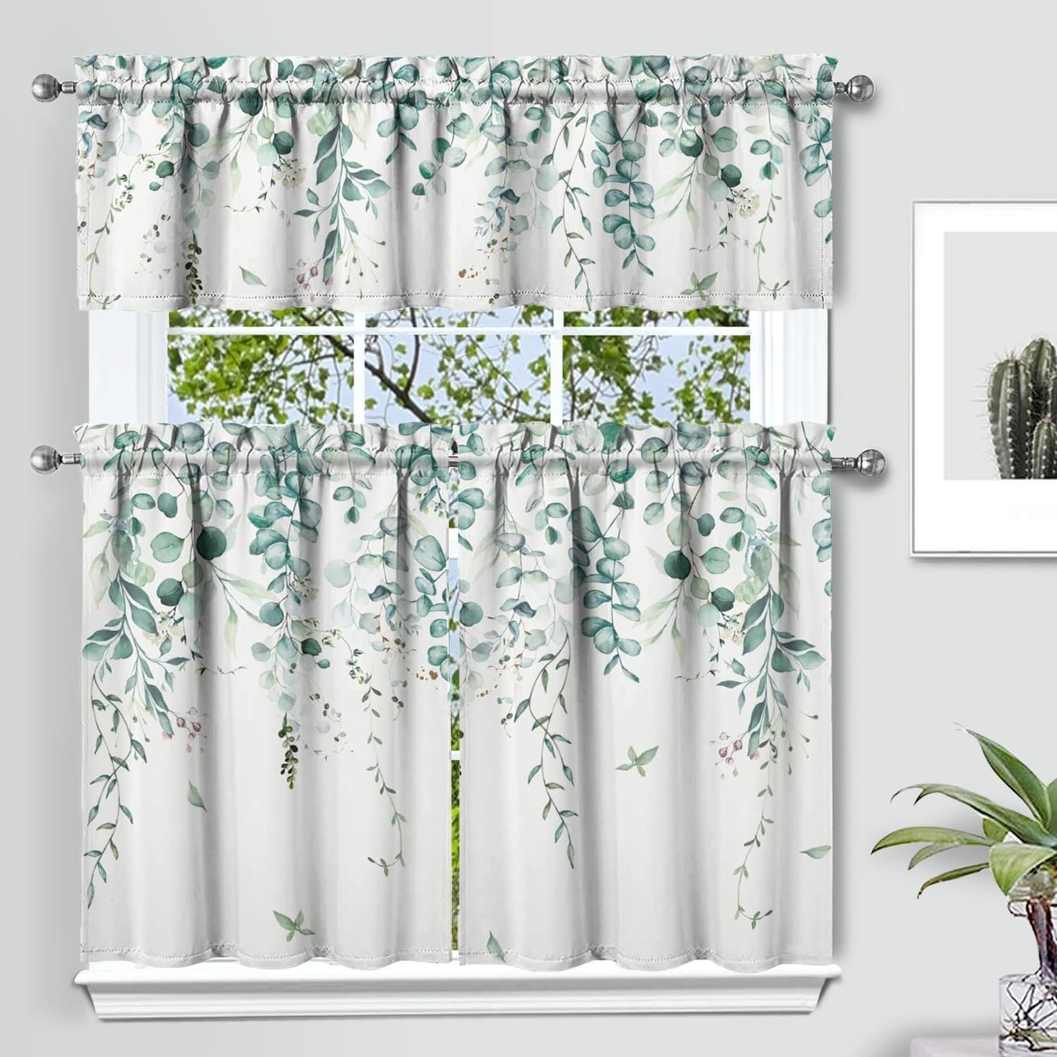 Amazon.com: qwpmvhsak Sage Kitchen Curtain Valance 3 Piece Set, Sage Leaf Floral Kitchen Decor ...