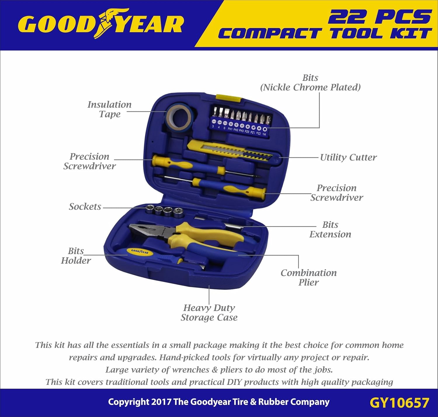 Goodyear Metal Compact Hand Tool Kit (Silver, 22-Pieces) (GY10657 ...