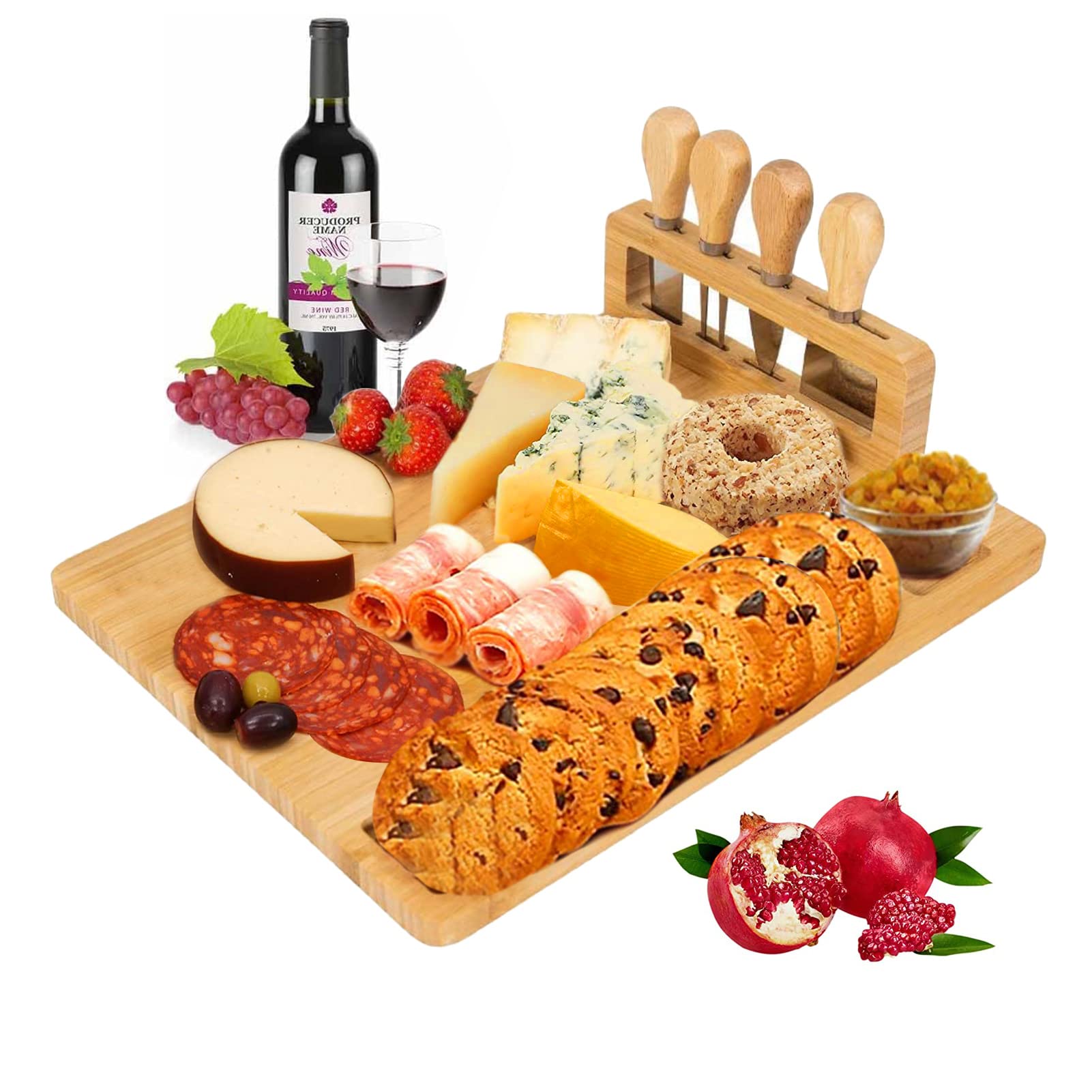Esoes Bamboo Cheese Plate, Cheese Board Set with Cutlery Charcuterie ...