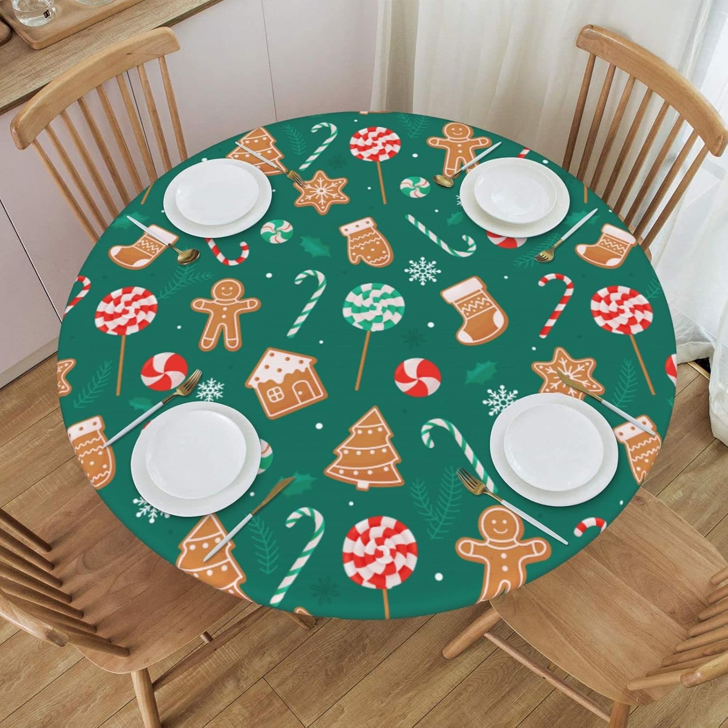 Amazon.com: FATTTYCY Christmas Candy Cane Tablecloth Green Elastic Edge ...