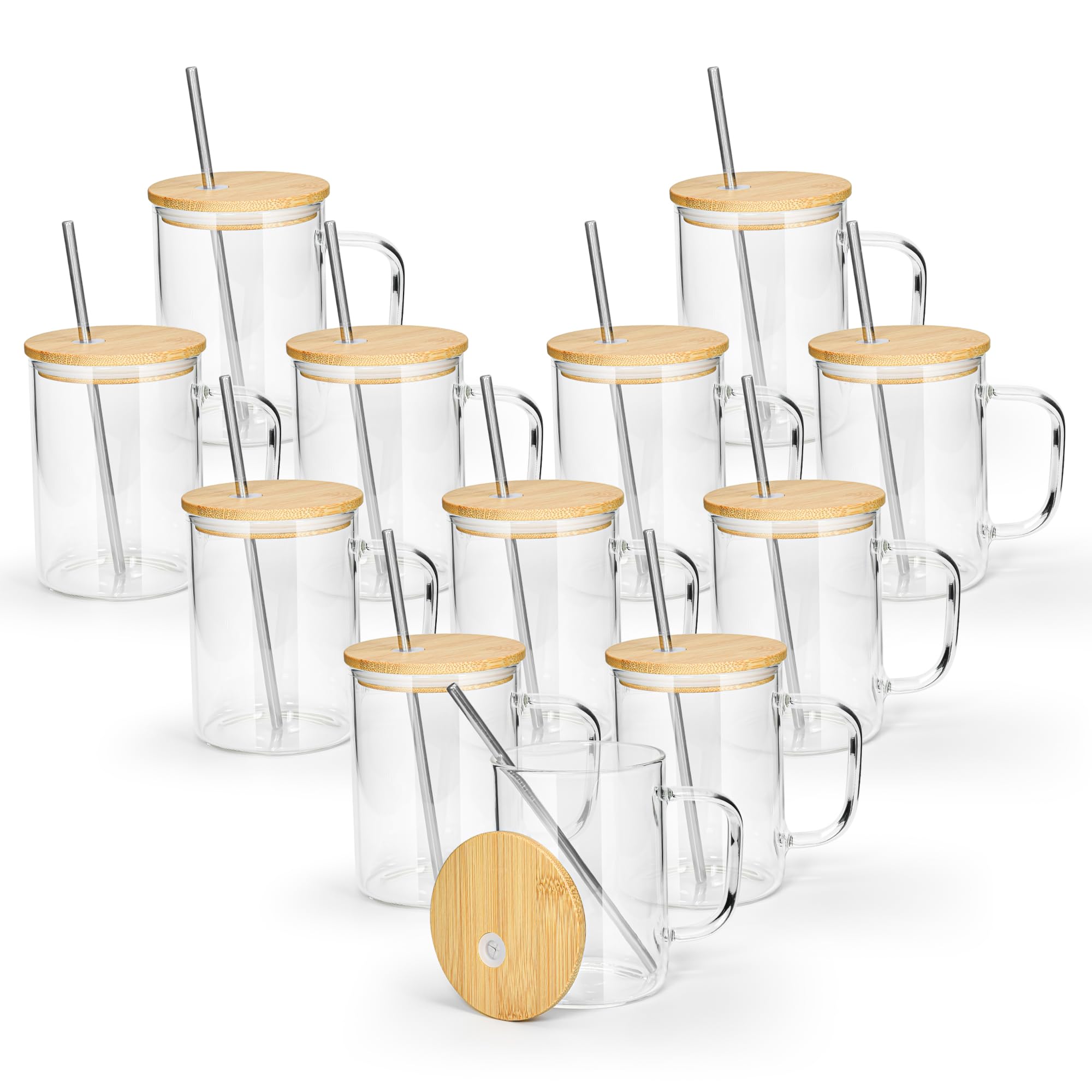 AGH 12 Pack Sublimation Glass Blanks with Bamboo Lid and Metal Straw ...