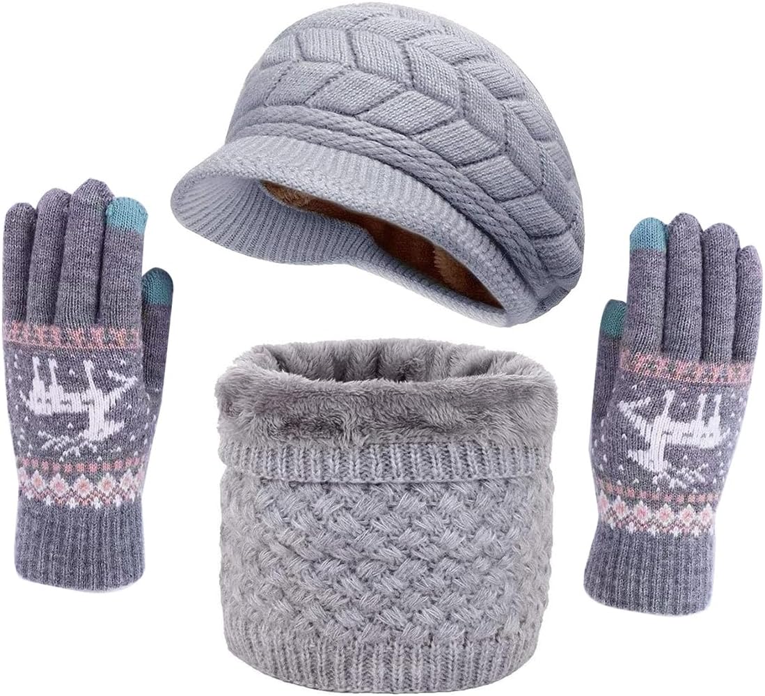 Winter Hat Gloves Scarf Set, Thick Warm Knitted Slouchy Wool Beanie Hat ...