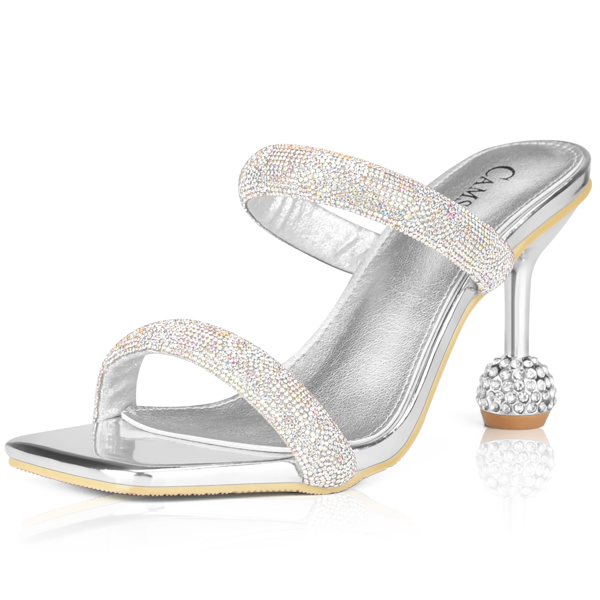 CAMSSOO Women's Rhinestones Heels Sandals Square Open Toe Strappy Slip ...