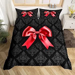 Amazon.com: jejeloiu Red Bow Duvet Cover Full Size Jacquard Damask ...