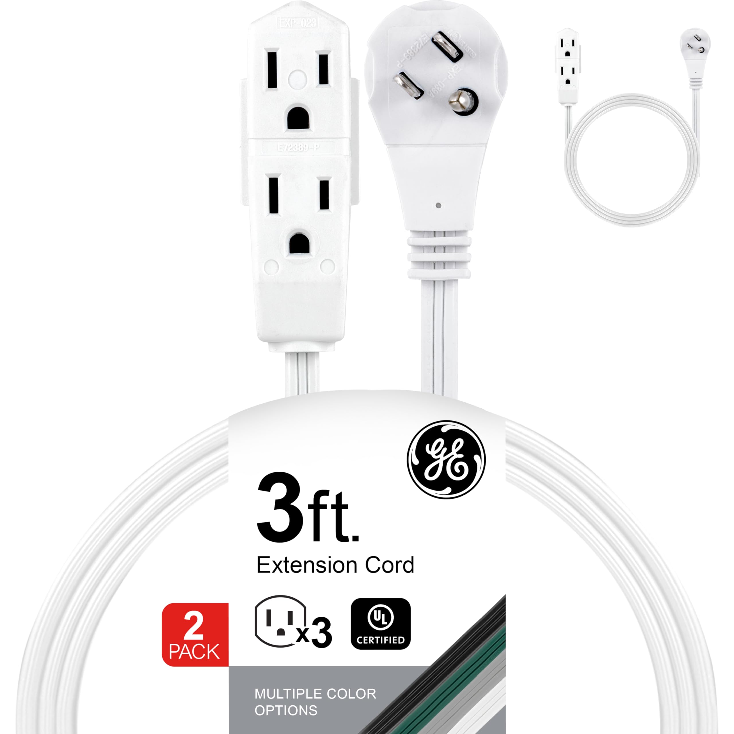 GE 3-Outlet Flat Extension Cord 3 Ft Grounded Extension Cord with ...