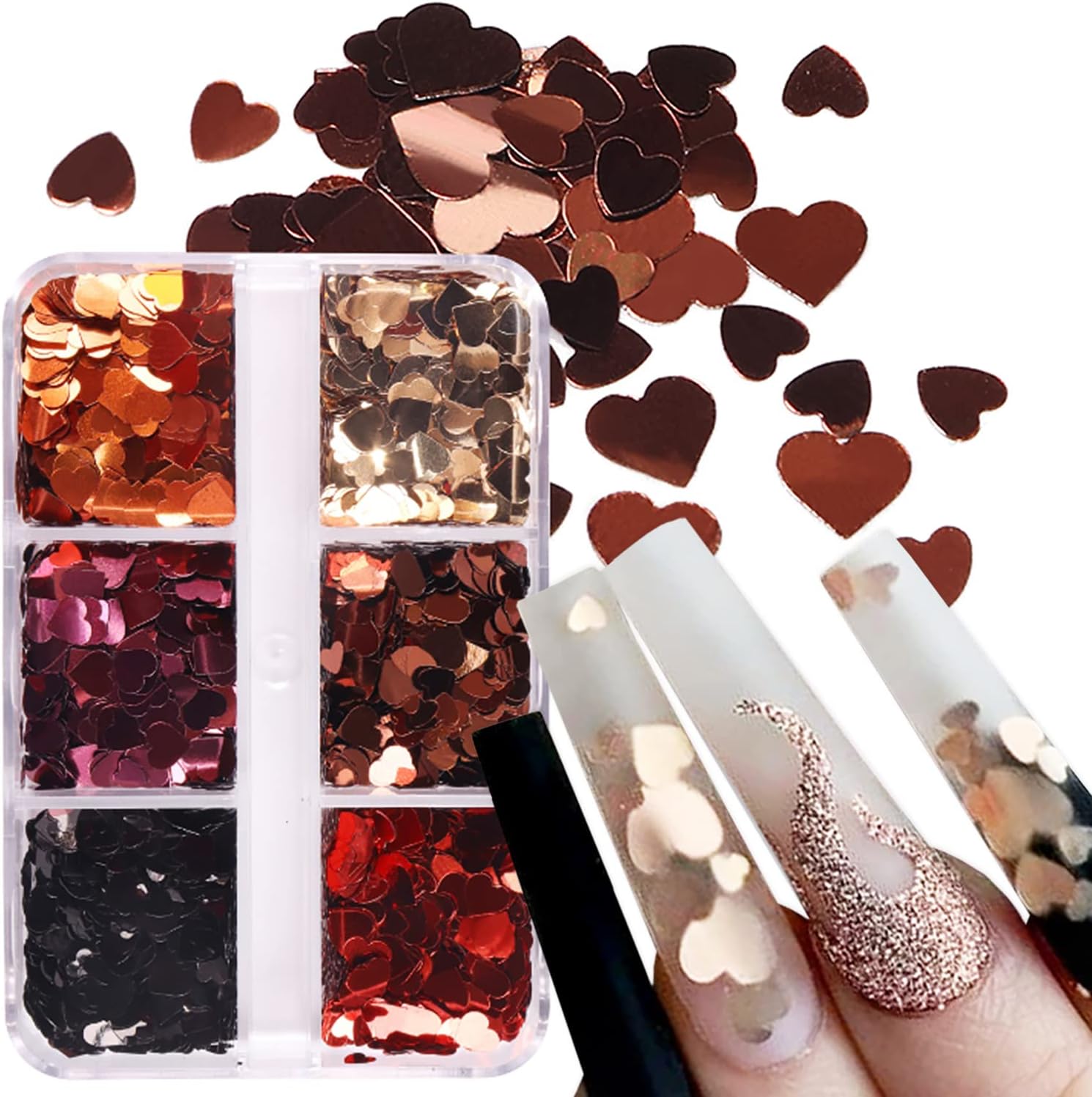 Amazon.com: 6 Grids 3D Heart Nail Glitter Sequins Valentine's Nail Art ...