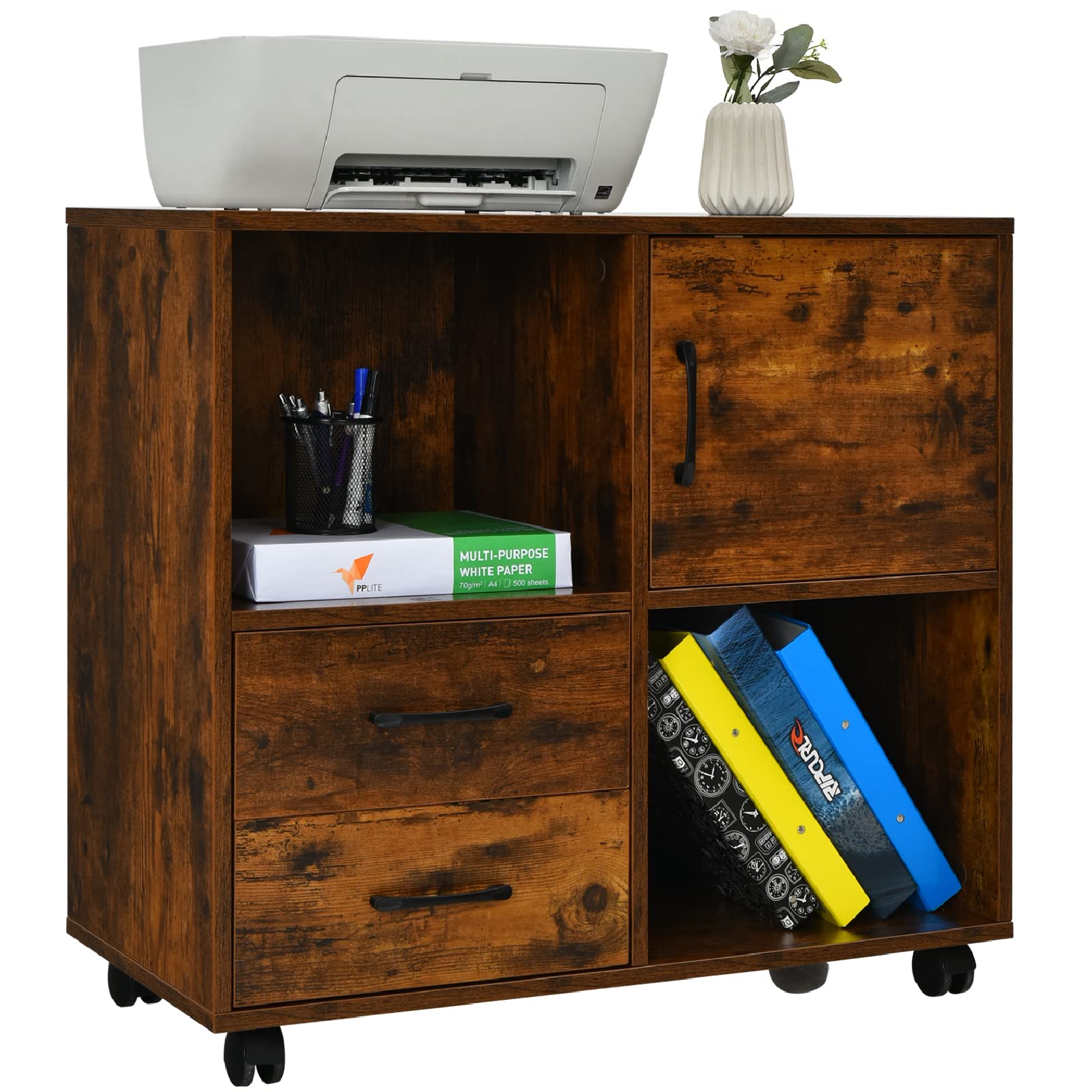 COSTWAY Mobile File Cabinet, Lateral Stationery Storage Cabinet with 2 ...