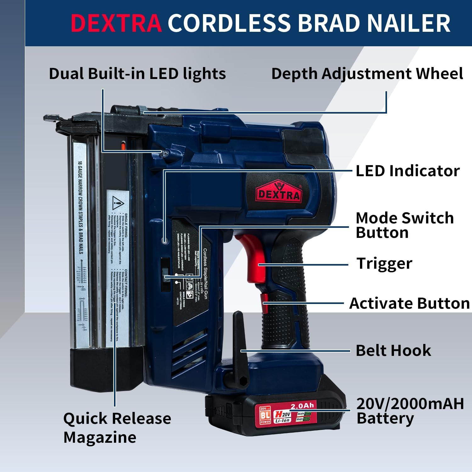 Dextra Cordless Electric Nail Gun 20V, 18 Gauge 2 in 1 Cordless Nail ...