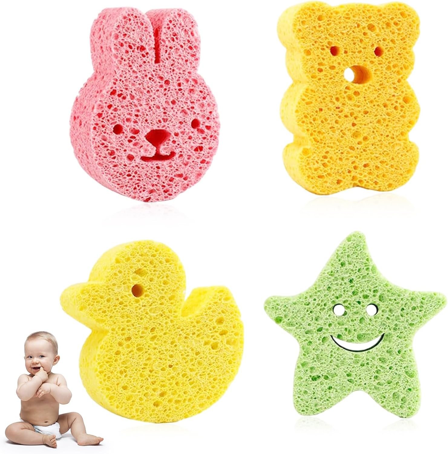4 Pcs Baby Sponges for Bath, Animal Shapes Bath Sponge, Soft Safe Bath ...