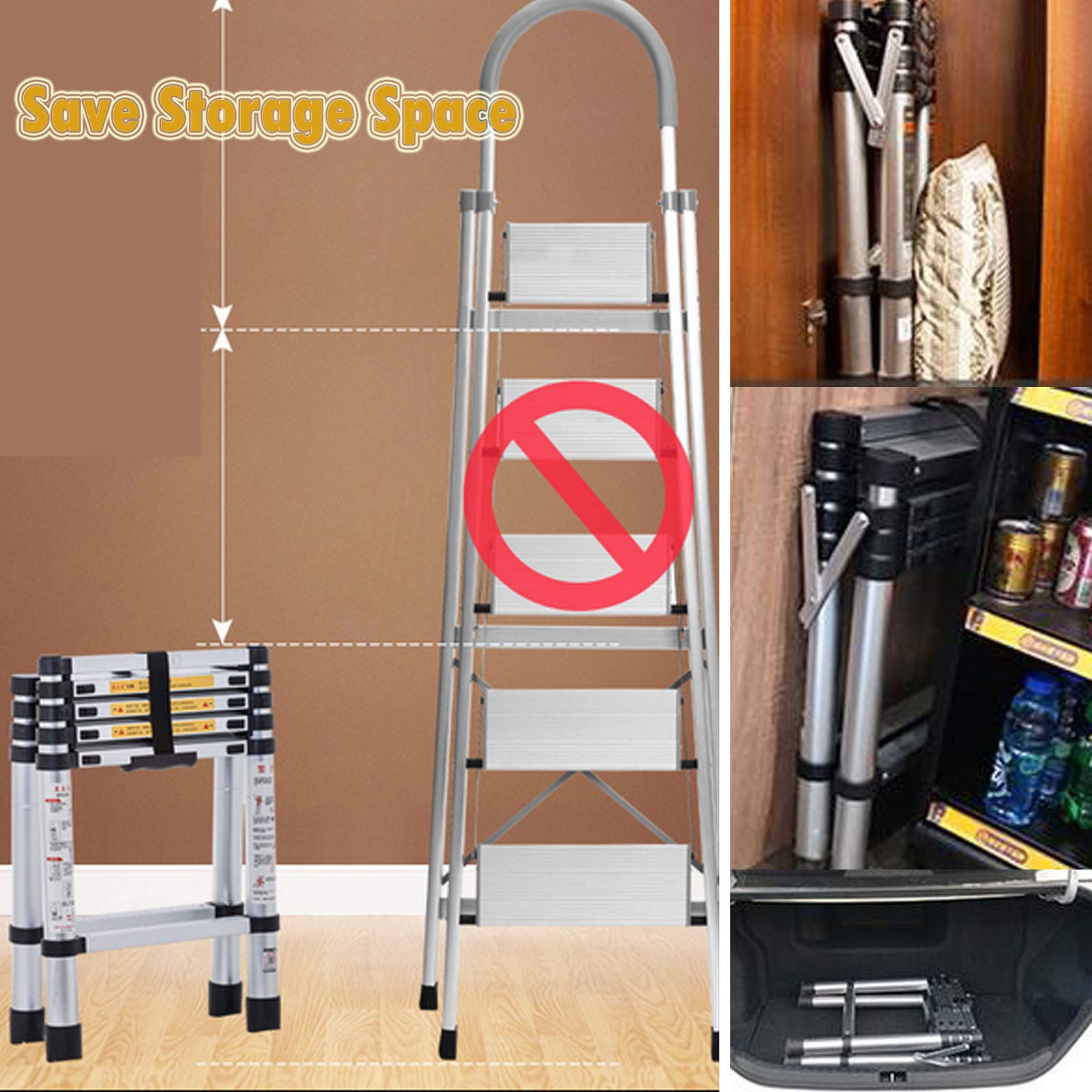 5+6 Step Ladder Aluminum 5.34FT Telescoping Ladder Lightweight Portable ...