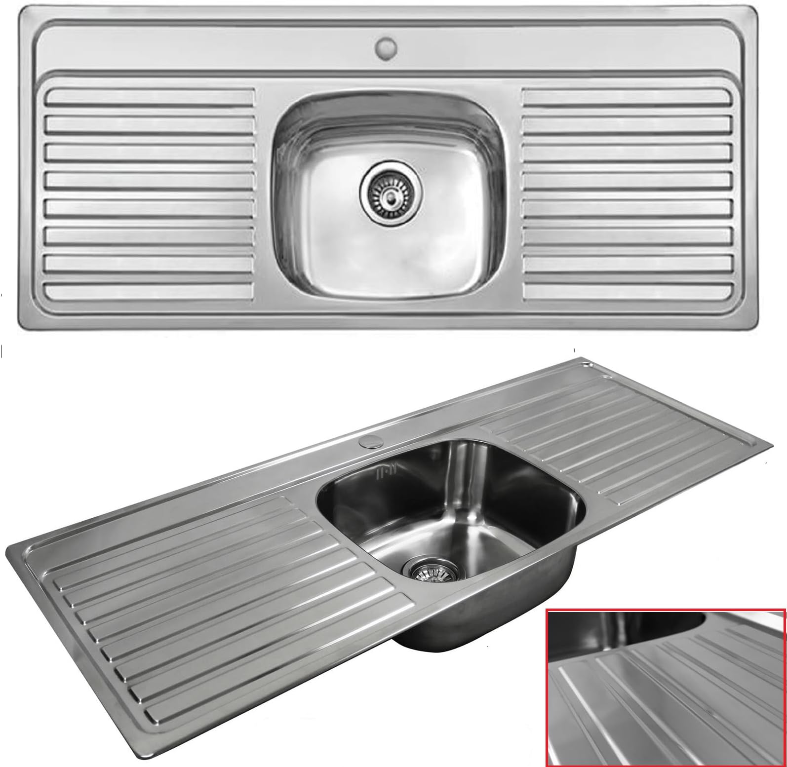 Stainless Steel Inset Kitchen Sink 2.0 Bowl with Double Drainer & Waste ...