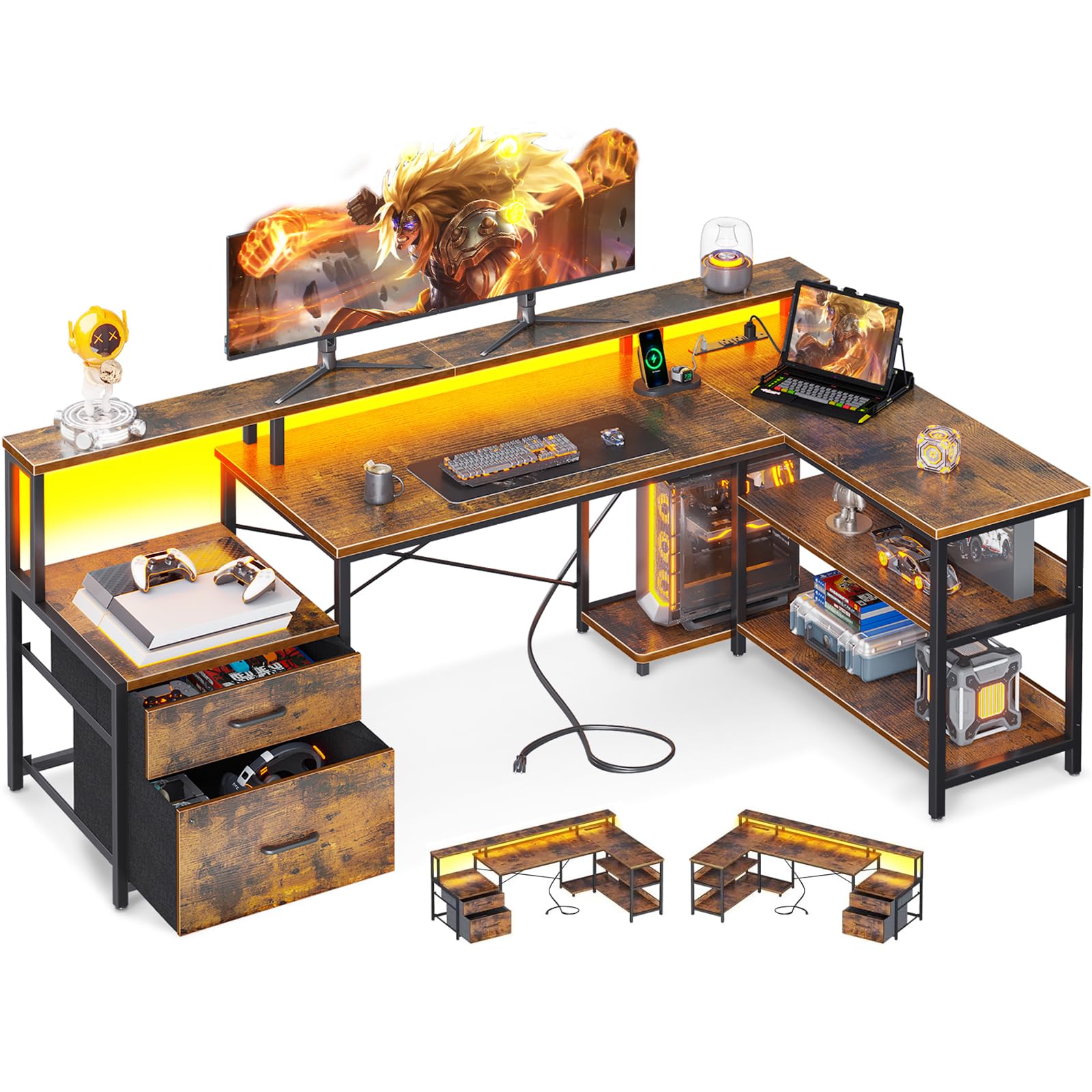 ODK L Shaped Desk with File Drawer, 66" Reversible L Shaped Computer ...