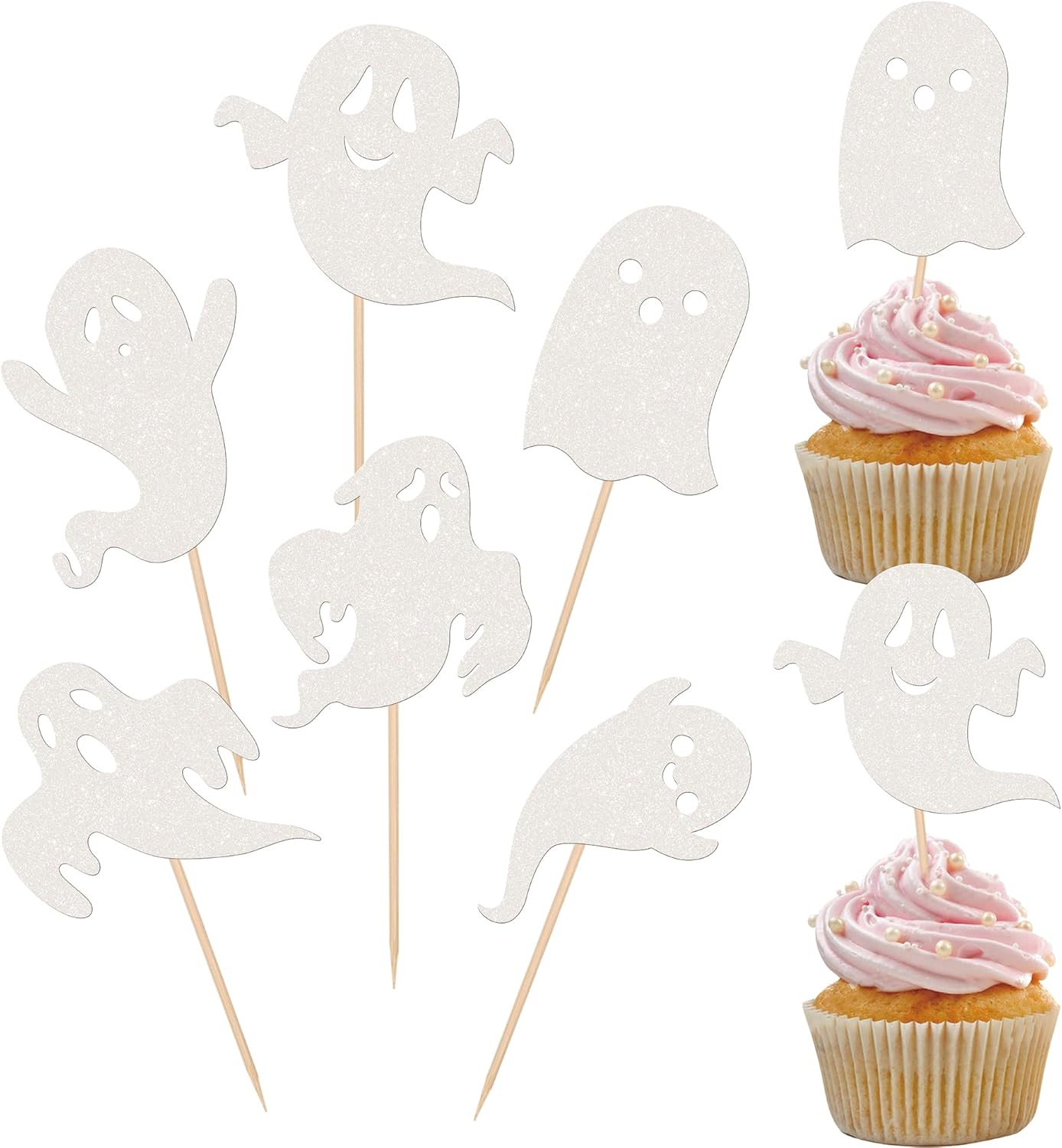 Amazon.com: 24 Pack Ghost Halloween Cupcake Toppers Glitter White Ghost ...