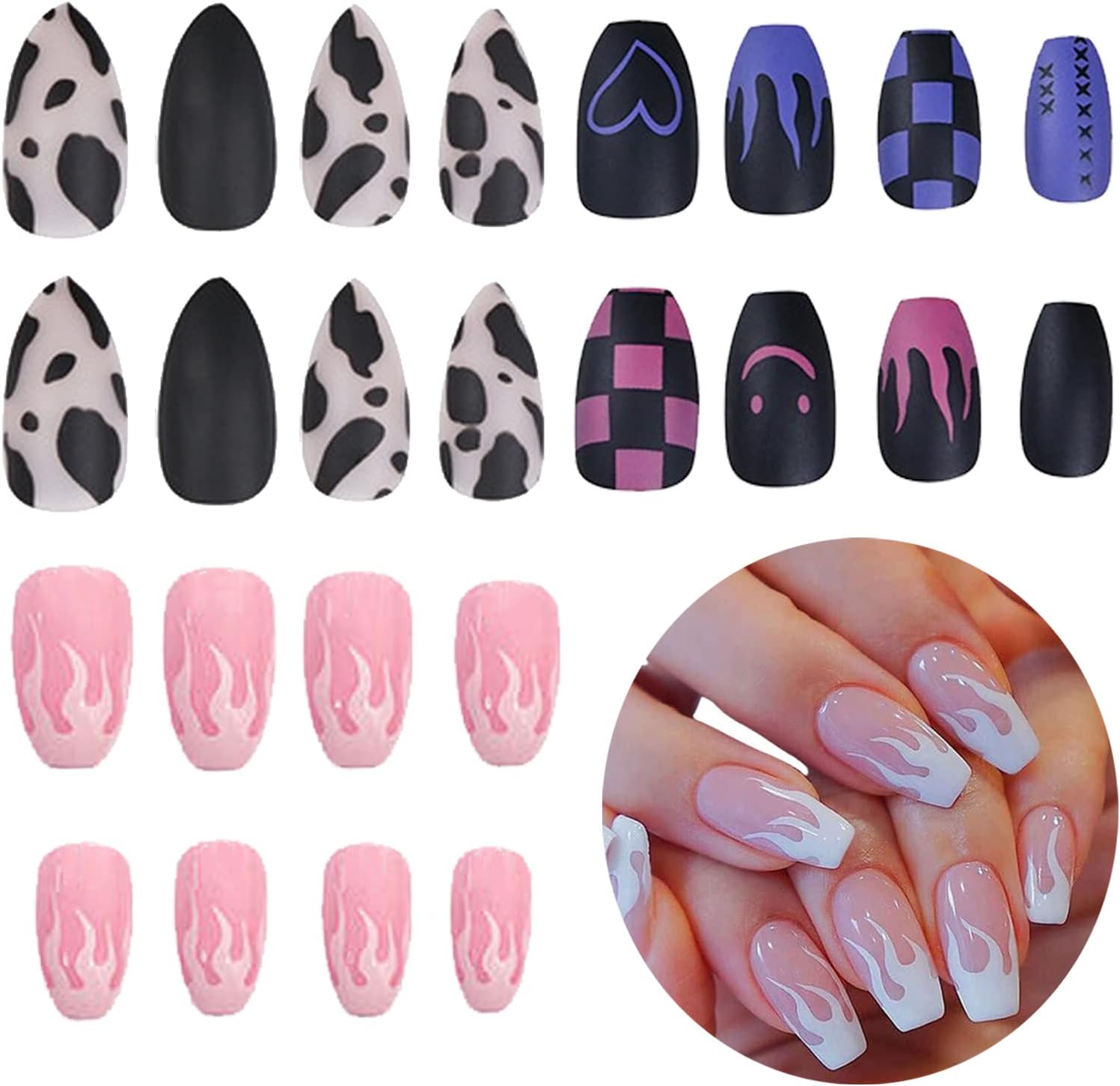 72 Pieces Fake Nails with Nail Glue Press on Nails False Nails Set ...