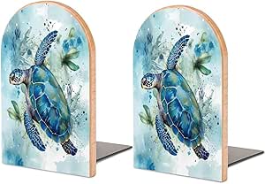 Amazon.com: 1 Pair Wood Handmade Book Ends Sea Turtle Blue Bookends Non ...
