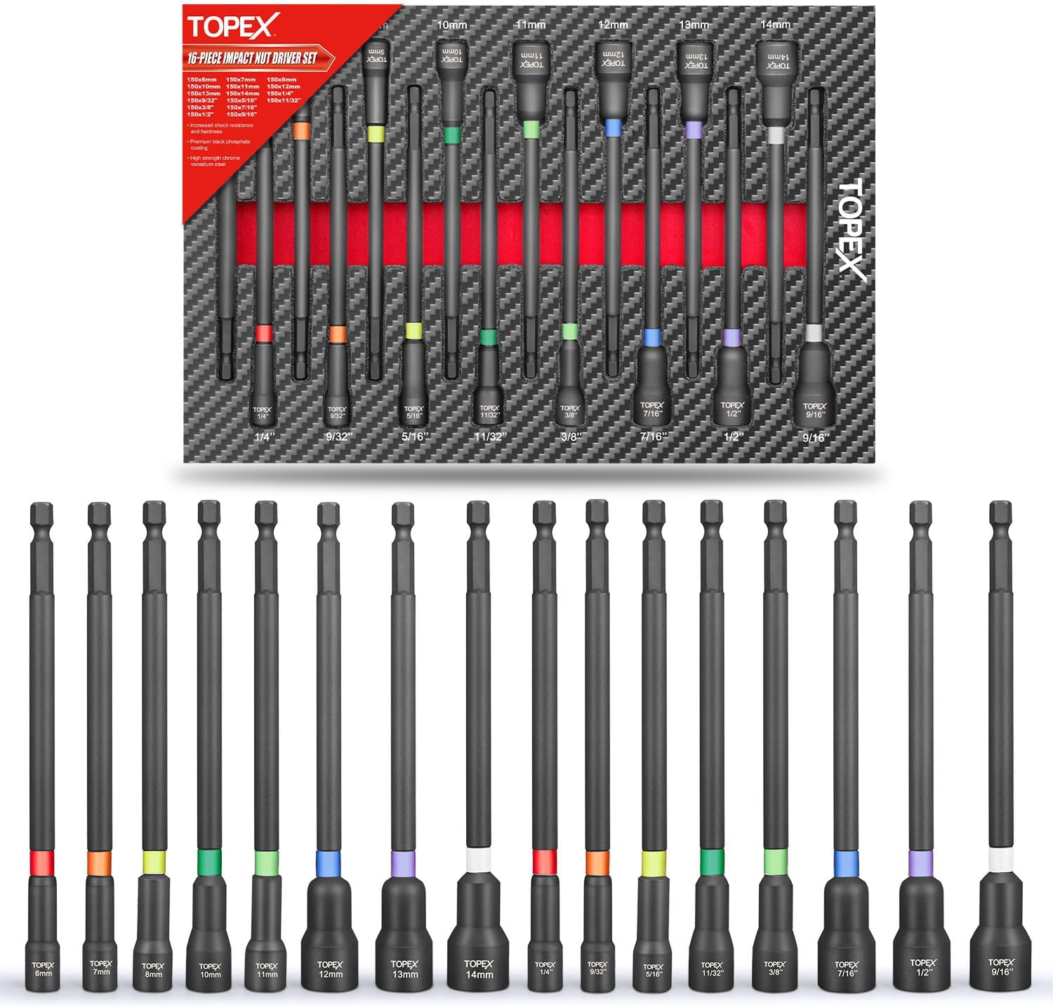 TOPEX 16Pcs Magnetic Impact Nut Driver Set Impact Grade Socket ...