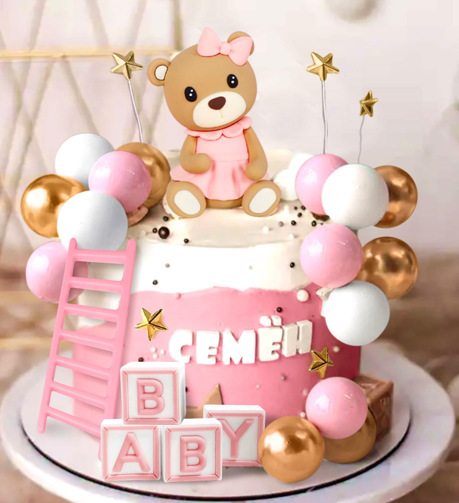 Snapklik.com : Pink Bear Cake Decoration Baby Bear Baby Shower Cake ...