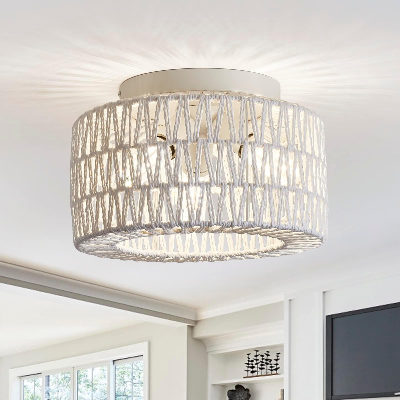 Rattan Light Fixtures Ceiling Mount, 3-Lights Boho Flush Mount Ceiling ...