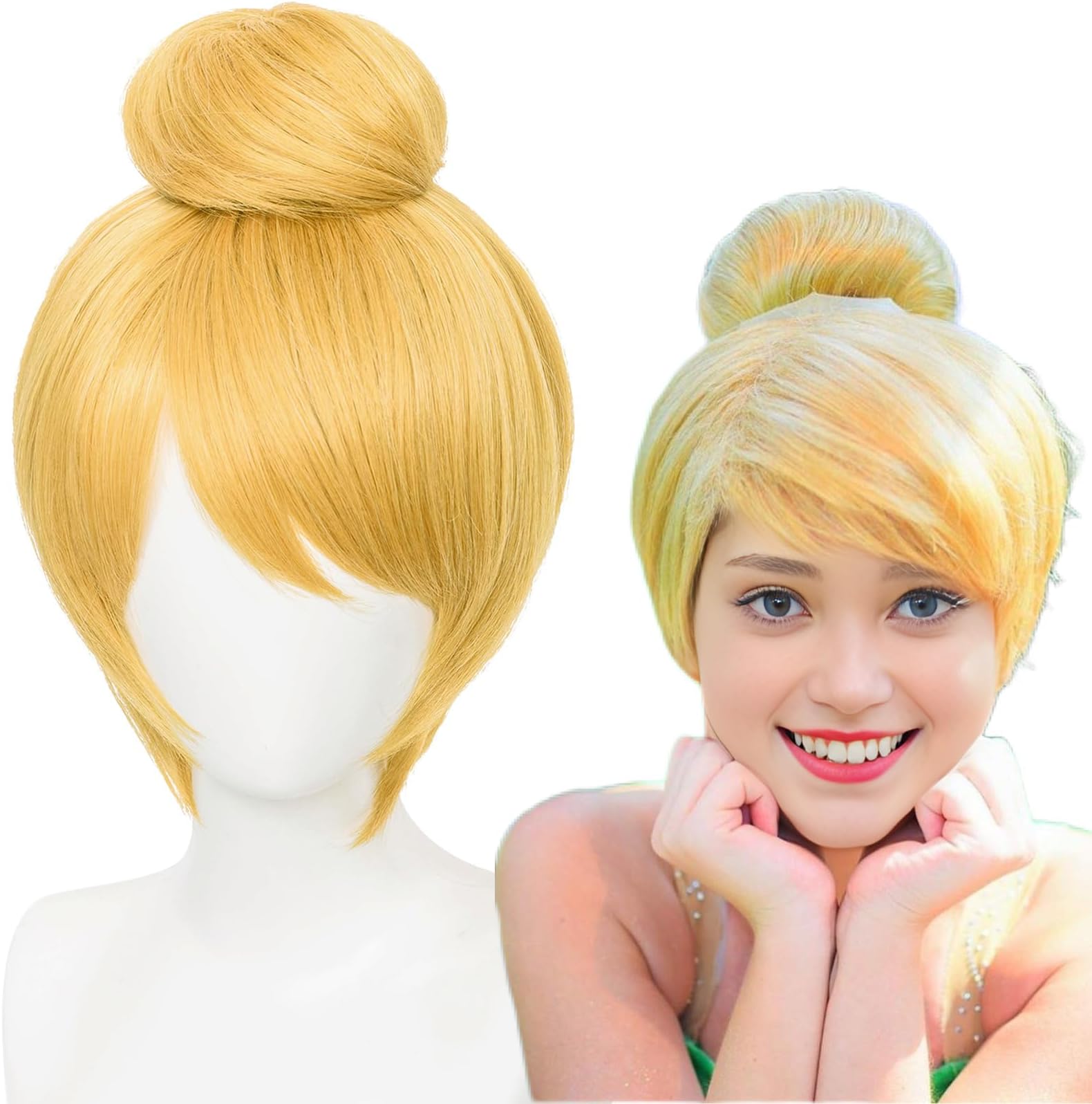Amazon.com: Aicos Short Fairy Princess Golden Tink Cosplay Wig with Bun ...