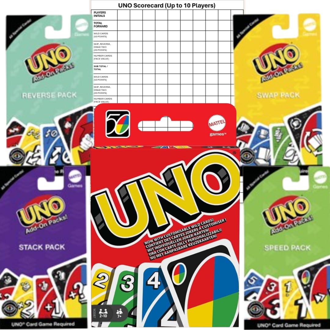 Mattel Uno Card Game with 4 Add-On Packs & Scorecard – Travel-Friendly ...