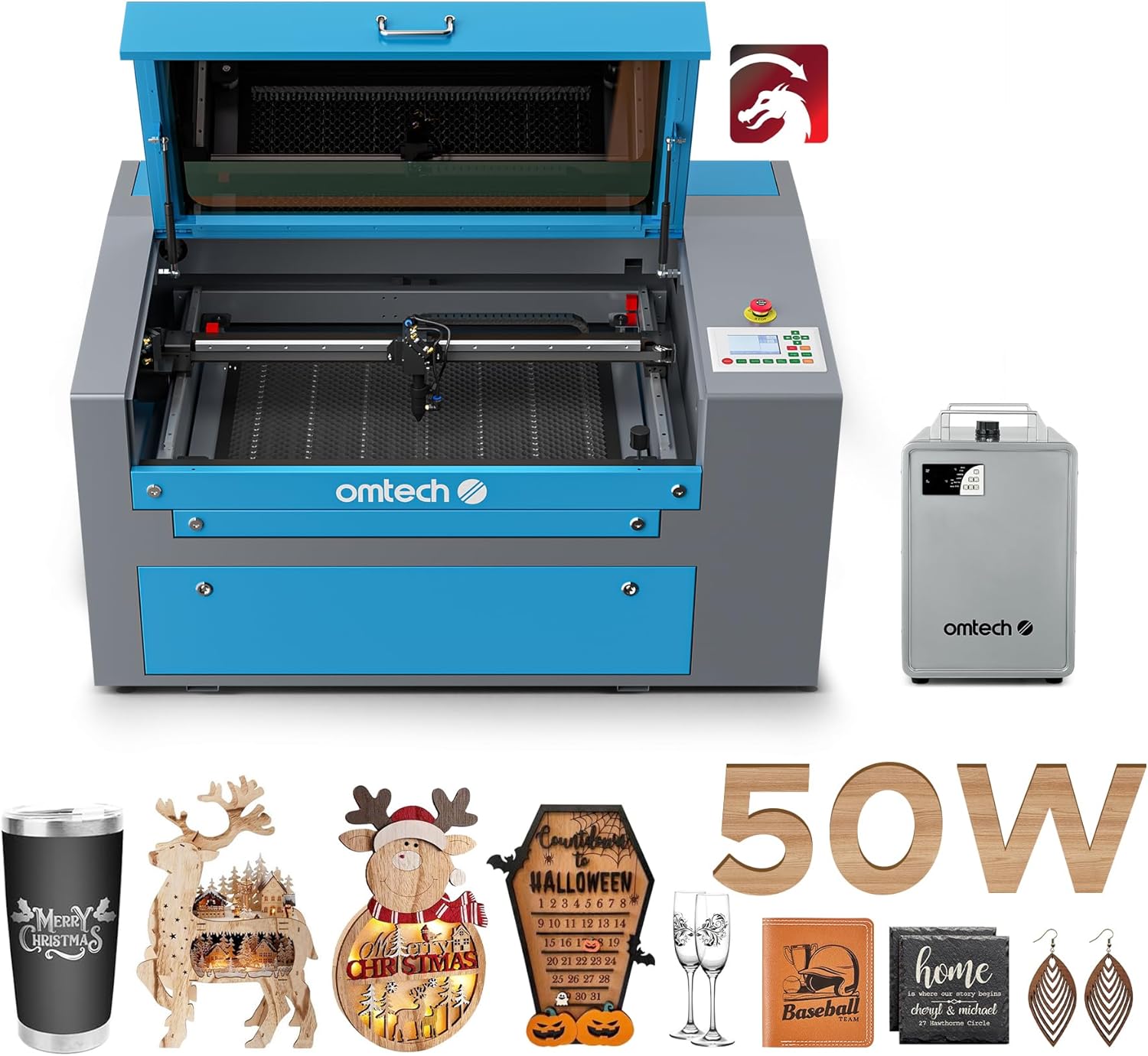 Amazon.com: OMTech 50W CO2 Laser Engraver with LightBurn Water Chiller ...