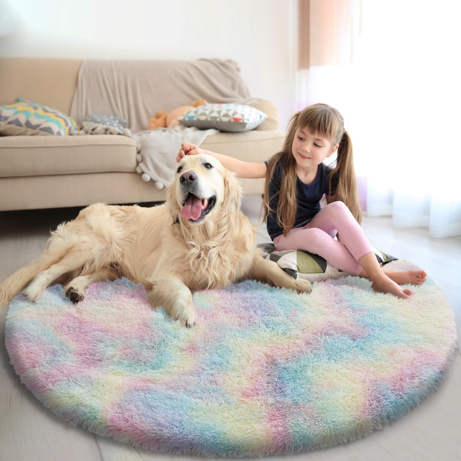 Amazon.com: Rainbow Fluffy Round Rug,Soft Area Rugs for Girls Room ...