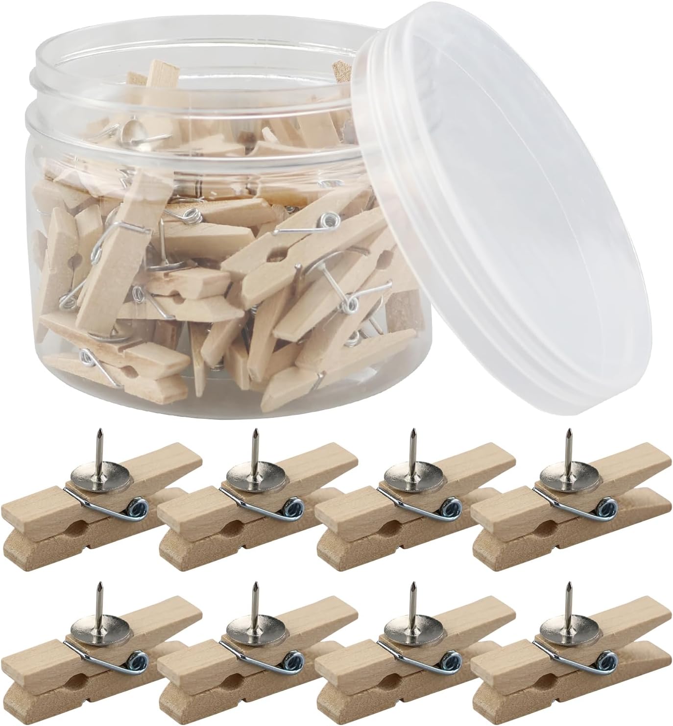 Kissral 50Pcs Push Pins with Wooden Clips, Wooden Pegs with Pushpins ...