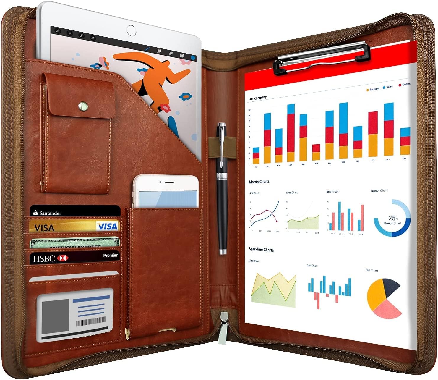 NEWYES Leather Zipper Conference Folder, A4, Travel Document Folder ...