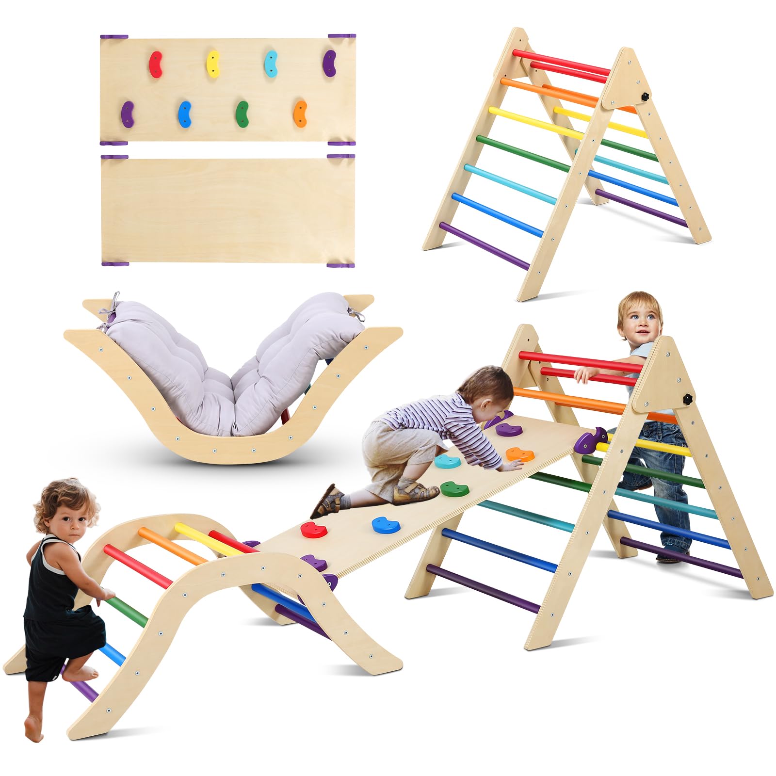 Foldable 6 in 1 Pikler Triangle Set, Indoor Wooden Montessori Climbing ...
