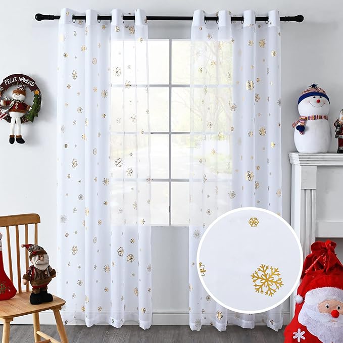 Amazon.com: Youleyar Snowflake Christmas Sheer Curtains, Luxury Gold ...
