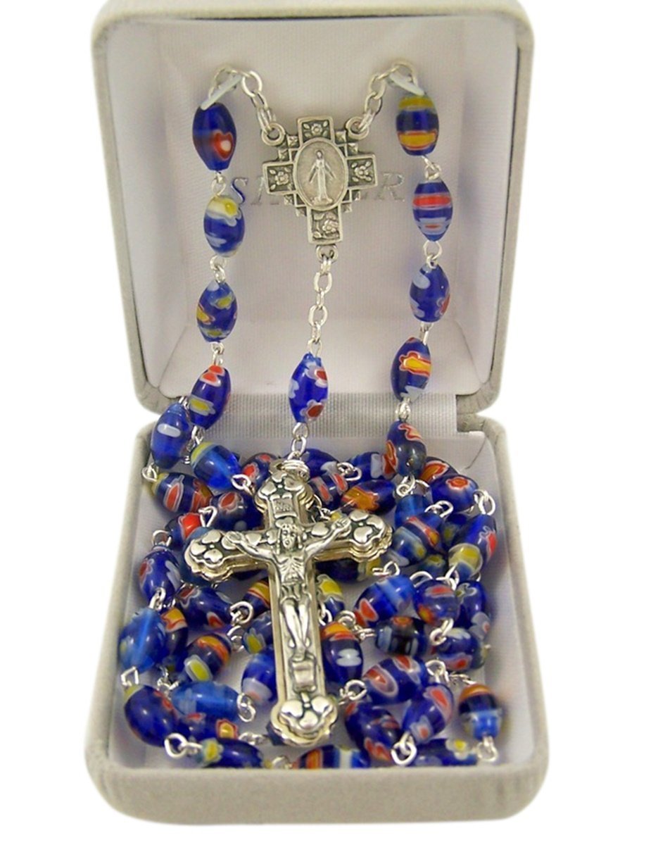 Catholic Blue Flower Glass Prayer Bead Rosary Necklace with Heart ...