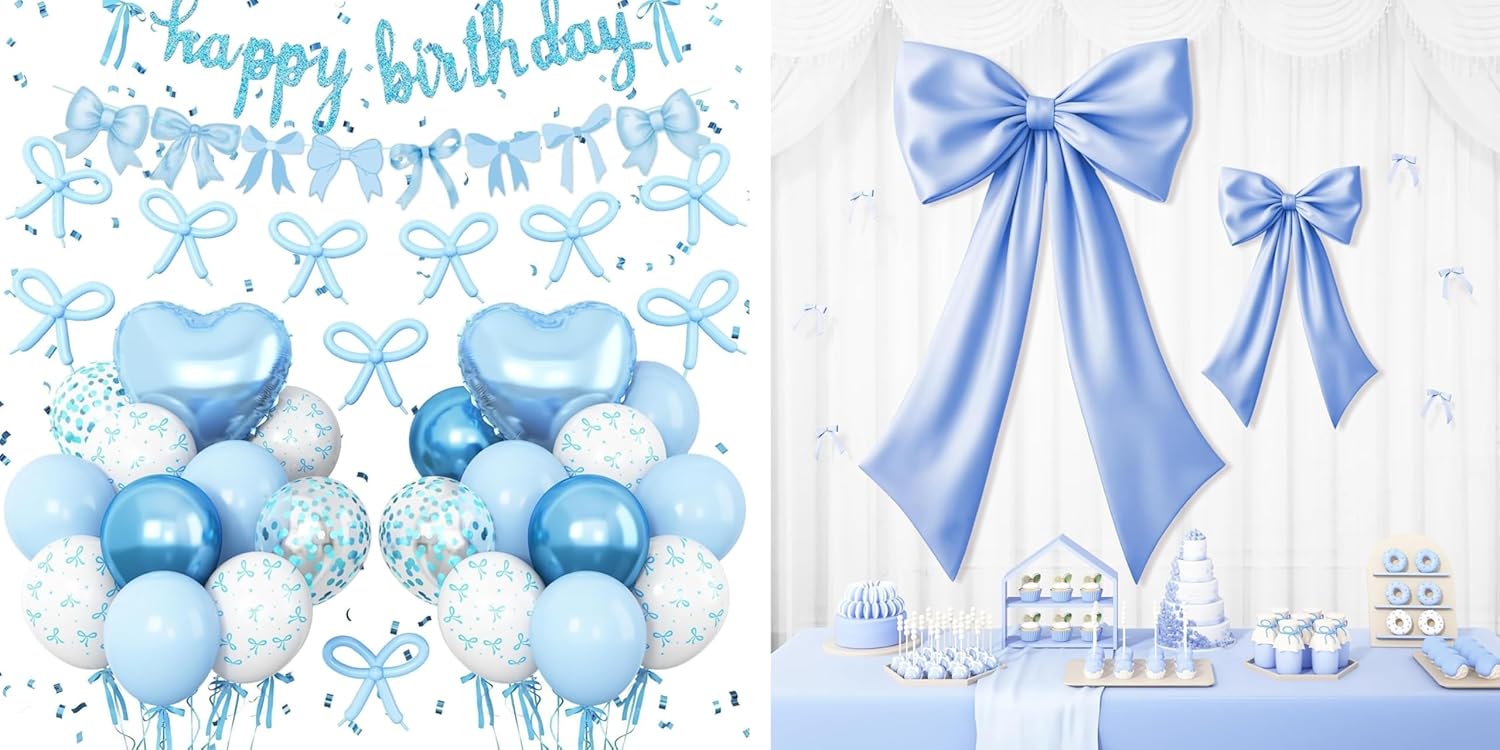 Amazon.com: Blue Bow Birthday Decorations and Blue Bow Decor 2 Pack ...