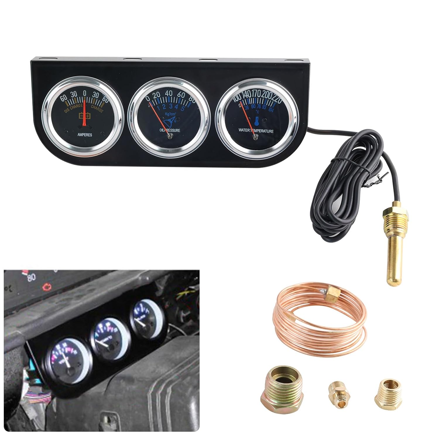 Triple Gauge Kit Oil/AMP/Water,Mechanical 2'' 52mm Chrome Triple Gauge ...