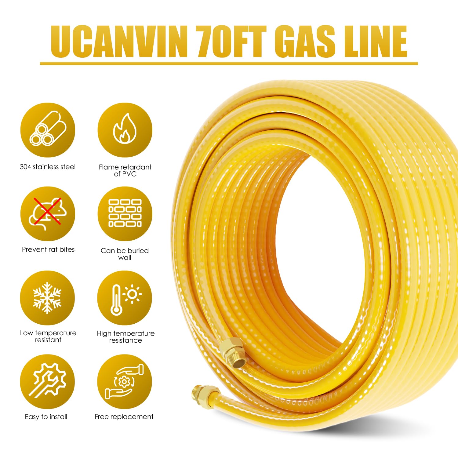 Natural Gas Line,70ft 1/2'' Propane Gas Line Hose with Brass Nut ...