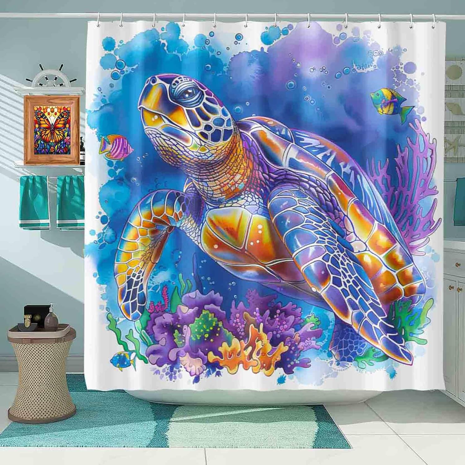 Amazon.com: Sea Turtle Shower Curtain Set - Colorful Sea Animal Shower ...