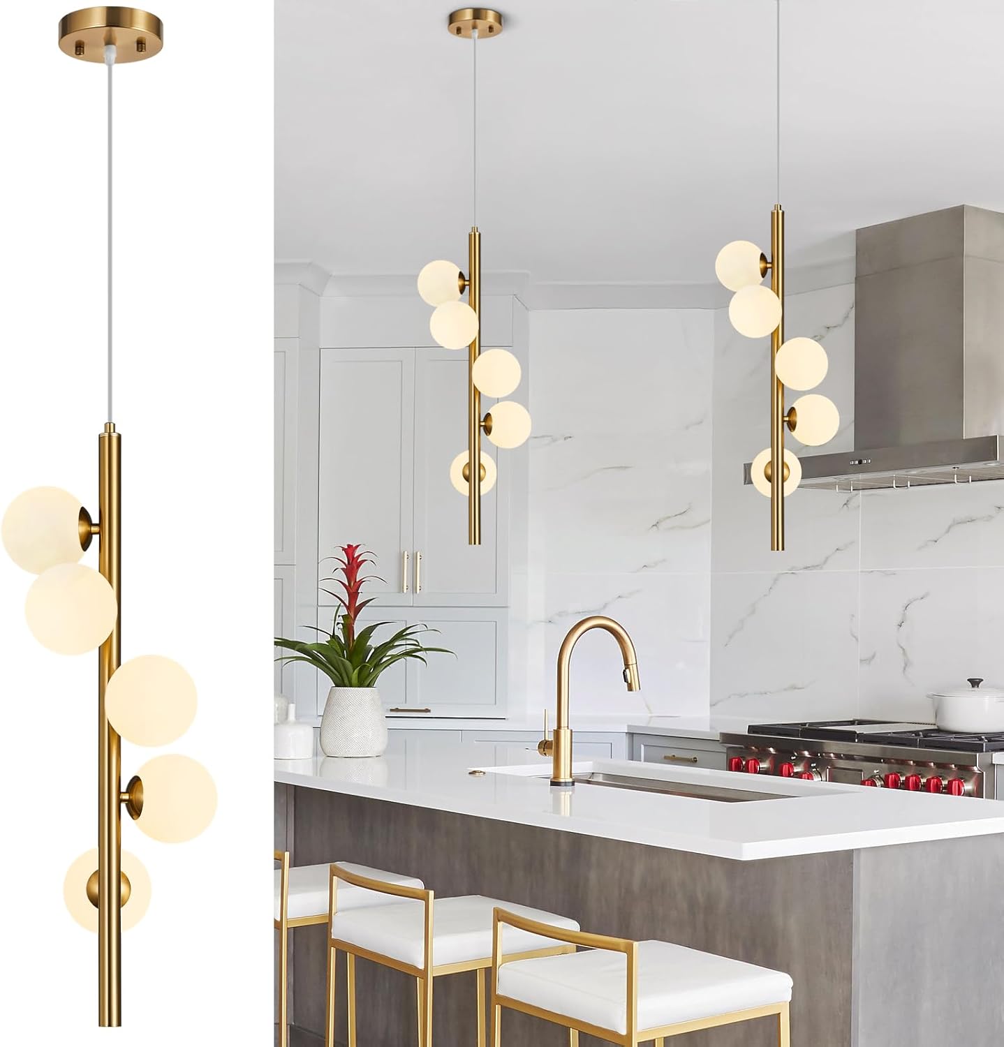 FDPBY Gold Pendant Lights Kitchen Island 5 Light Milk Glass Pendant ...