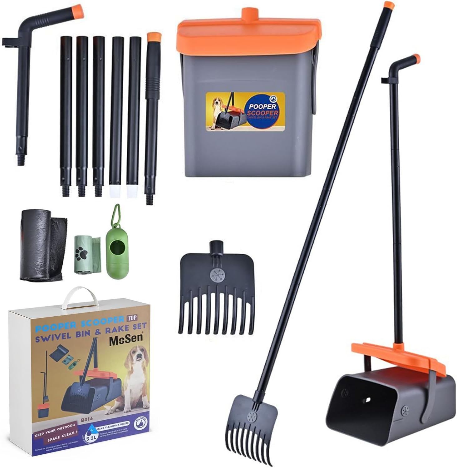 Dog Pooper Scooper Swivel Bin & Rake Kit, 46" Long Handle Adjustable ...