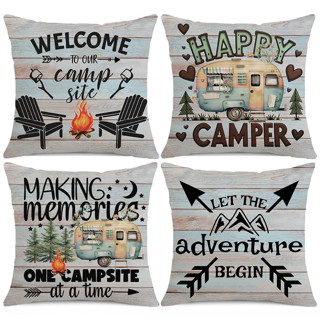 Amazon.com: Happy Camper Throw Pillow Covers Set of 4 18" x 18" Vintage ...