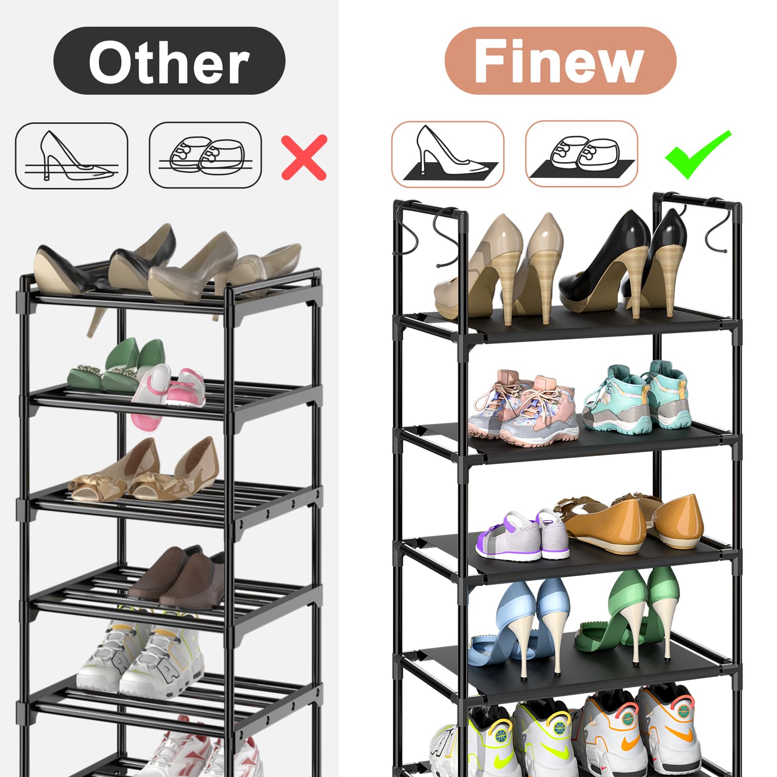 Finew 10 Tiers Tall Shoe Rack Organizer, Vertical Metal Shoe Shelf for ...