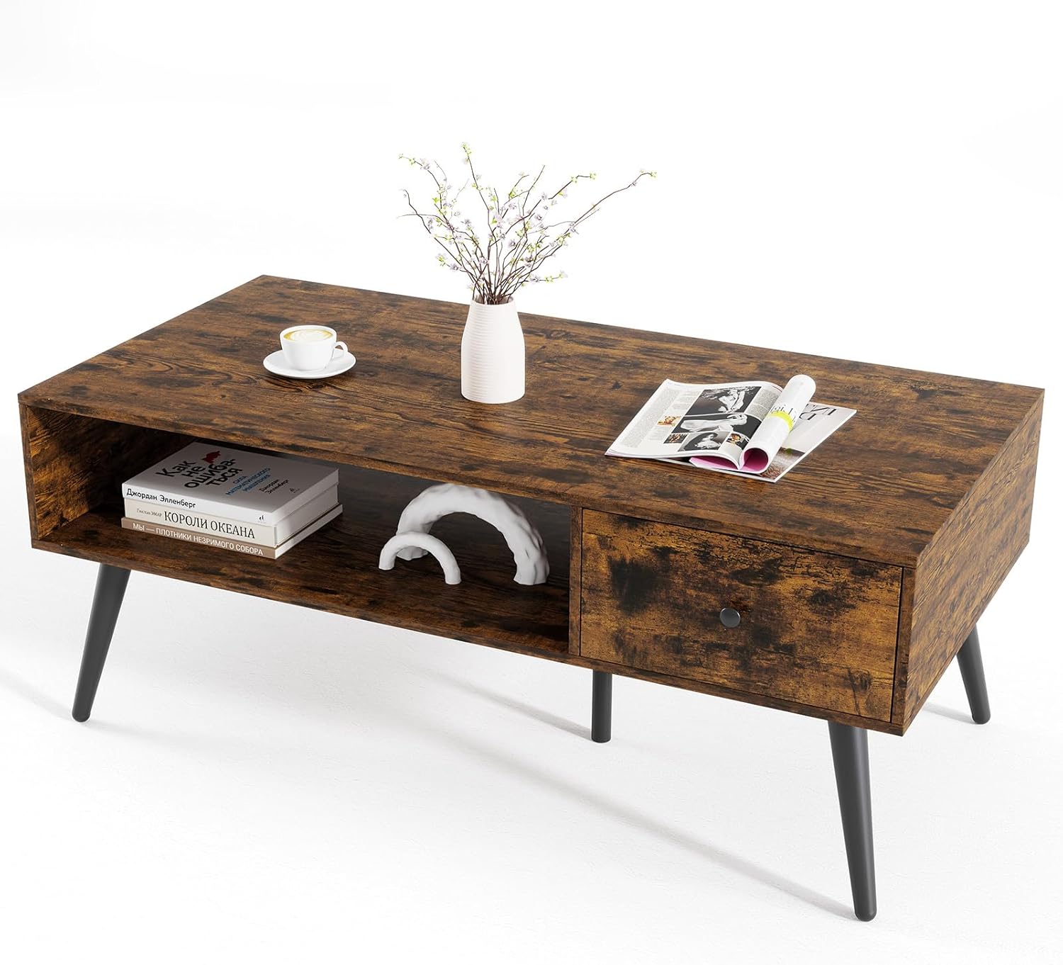 COSTWAY Coffee Table with Drawer and Storage Shelf, 109cm Rectangular ...