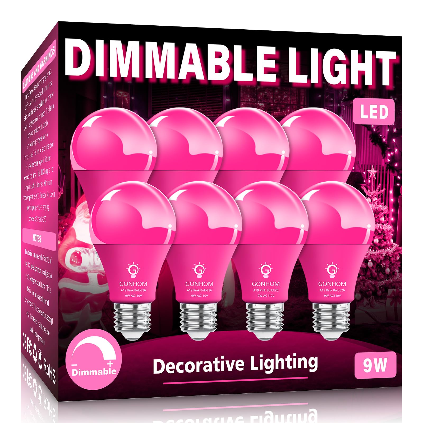 Gonhom 8 Pack A19 LED Pink Light Bulb,9 Watt Pink Lights Equivalent 100 ...