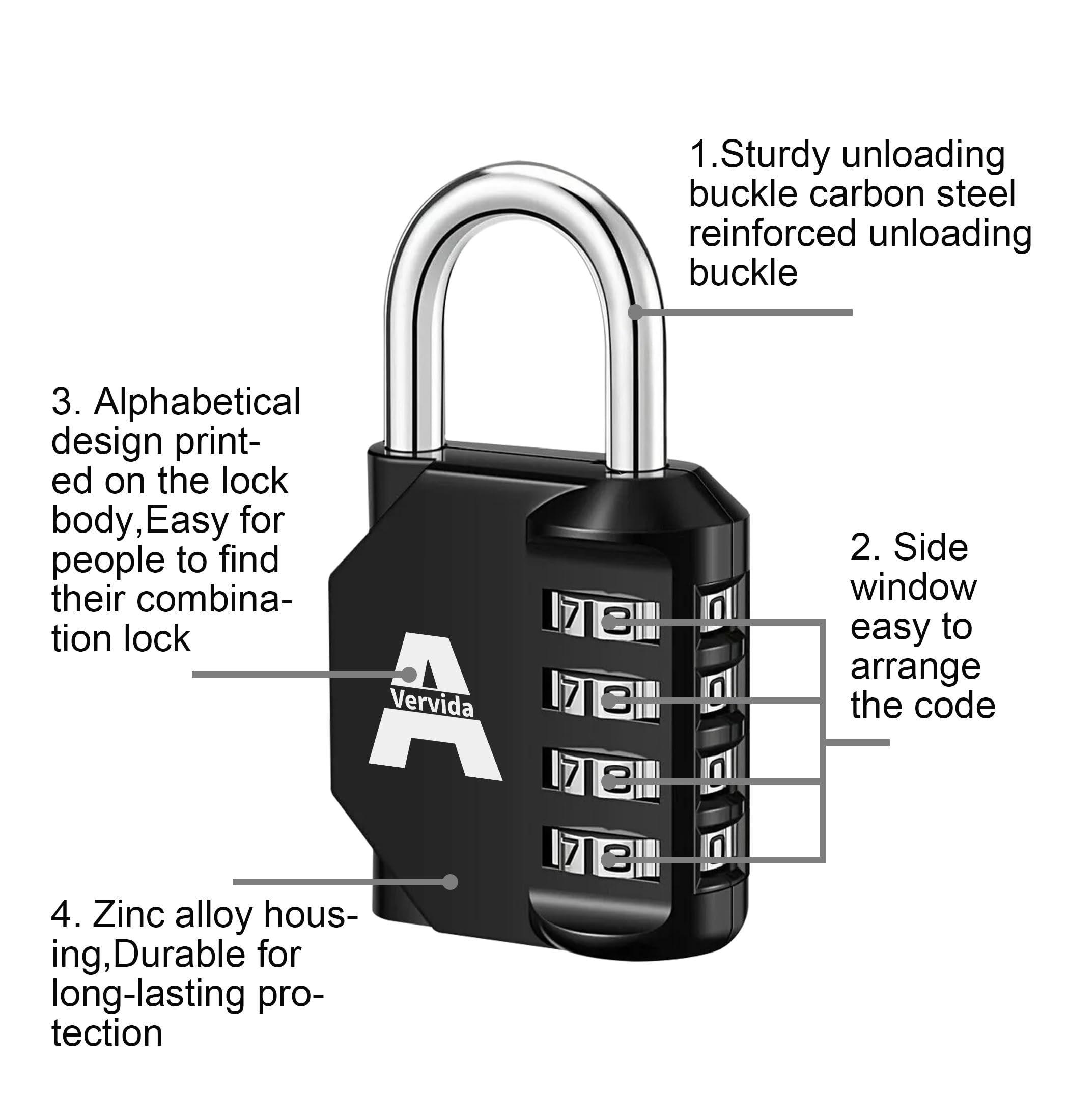 Snapklik.com : Vervida Combination Padlock For Locker 4-Digit Combo ...